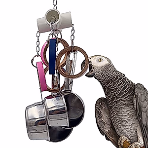 GILYGI Durable Bird Parrots Pots and Bagel Toys, Pullable Stainless Steel Cup and Cardboard Ring Toys for Amazons Mini Macaws African Greys Cockatoos Eclectus
