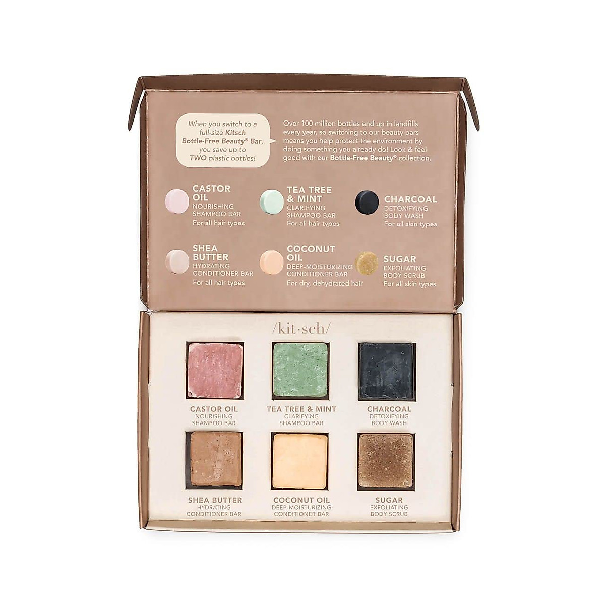 Kitsch 6 Piece Luxury Bar Sampler Set with Shampoo Bars, Conditioner Bars & Body Wash Bars - Made in US - All Natural - Bottle-Free Beauty Bars