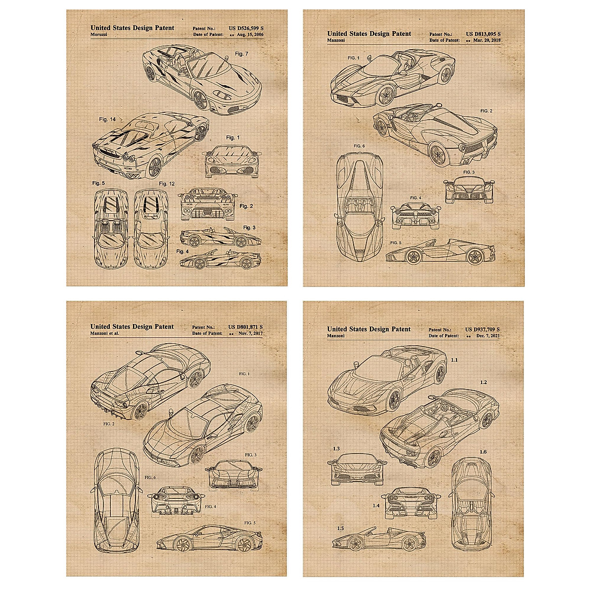 Classic Auto Patent Prints, 4 (8x10) Unframed Photos, Wall Art Decor Gift for Home Ferrari Office Engineer Aperta F430 F488 F8 Garage Work Shop School Student Teacher Coach F1 Team Car Race Champ