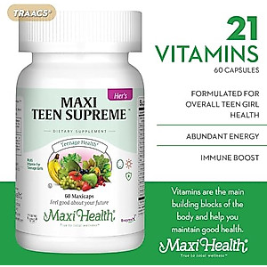 Maxi Health Teen Supreme Hers Vitamins for Teen Girls (120) - Women's Multivitamin for Energy, Immune Boost, Body & Brain Growth - Womens Multi Vitamins Including D3, Iron, Calcium, Digestive Enzyme