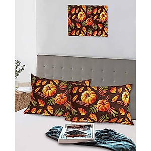 Edwiinsa Fall Pumpkin Pillow Covers King Standard Set of 2 Bed Pillow, Brown Autumn Maple Leaves Farmhouse Plush Soft Comfort for Hair/Skin Cooling Pillowcases with Envelop Closure 20''x36''