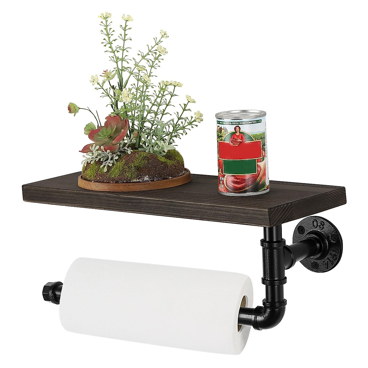 Industrial Wall Paper Towel Holder Wood & Pipe Floating Shelf Vintage Hand Roll Paper Towel Holders Stand Wall Mounted Toilet Paper Storage Rack for Bathroom, Kitchen, Washroom(Rustic Brown)