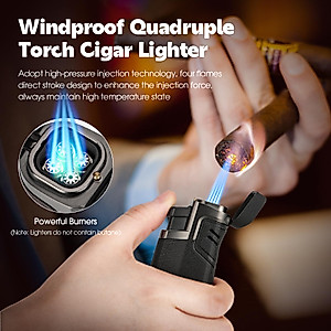 Tesonway Cigar Lighter, 2 Pack, Quad Jet Flame Torch Lighter, Refillable Butane Lighters with Cigar Punch, Multifunctional Windproof Adjustable Butane Torch Lighter - Butane Not Included