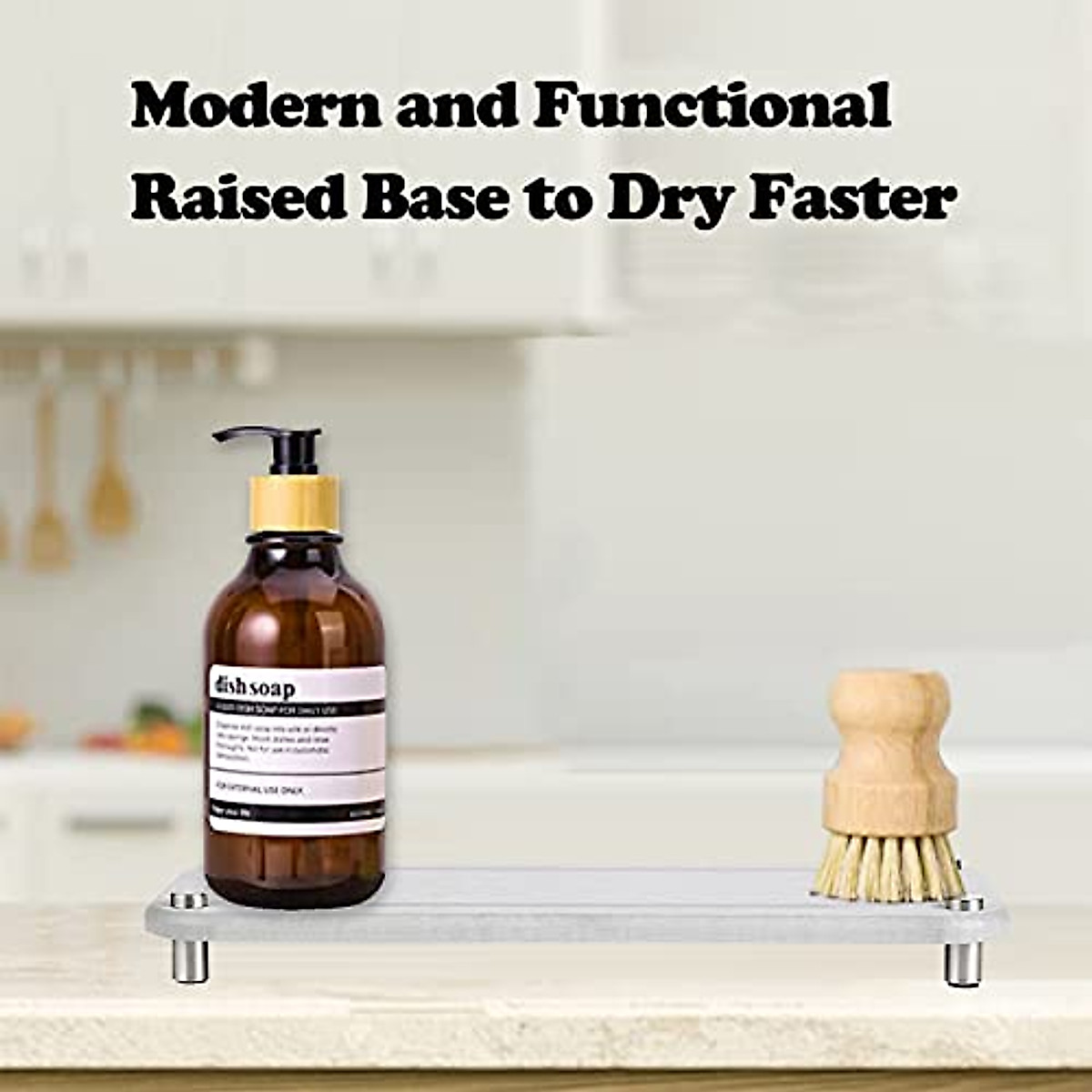 ROBBEAR Kitchen Bathroom Sink Organizer Fast Drying Stone Diatomaceous Earth Water Absorbing Sink Tray for Cup, Soap Bottle, Sponge Holder, Rack for countertop with Stainless Steel Feet (Dark Grey)