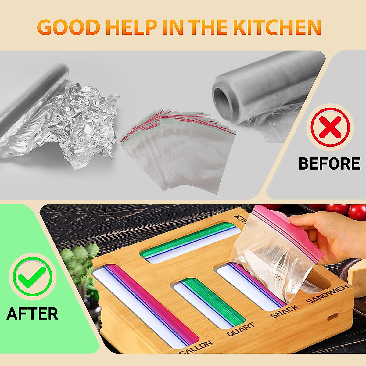 HomeOrganize Ziplock Bag Storage & Wrap Dispenser with Cutter,Clips Box & Labels for Kitchen Drawer & Wall,9 in 1 Bamboo Organizer for Gallon, Quart, Snack Bags & Plastic, Aluminum Foil, Wax 12" Roll.