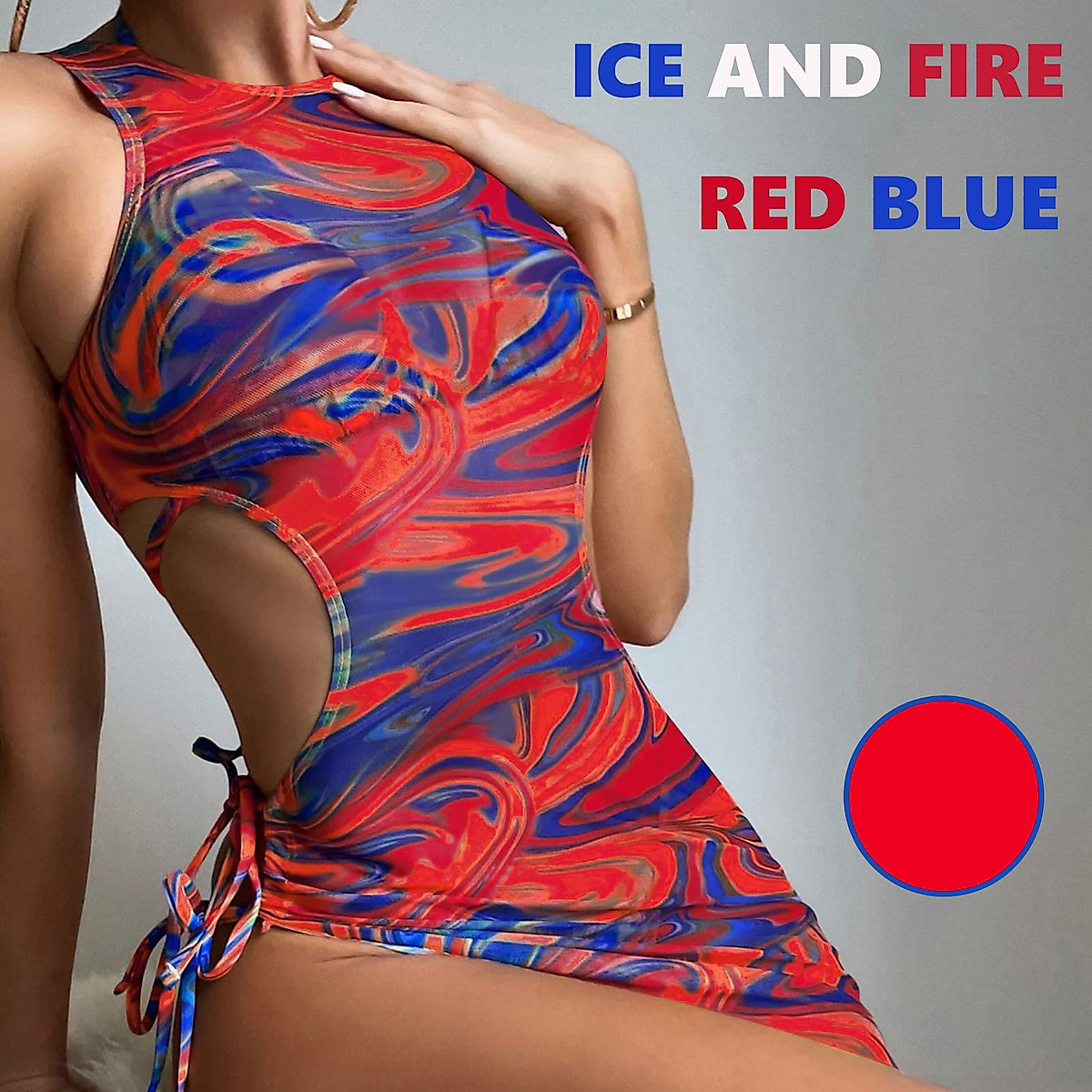 3 Piece Swimsuits for Women Padded Floral Print String Bikini Sets Bathing Suit Set Sexy Cutout High Neck Mesh Beach Cover Up Red