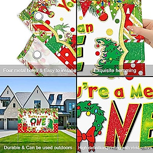 Swepuck 72x43inch Fabric You're a Mean one Merry Grinchmas Backdrop Christmas Red and Green Photography Background Xmas Party Decorations for 1st Birthday Baby Photo Banner