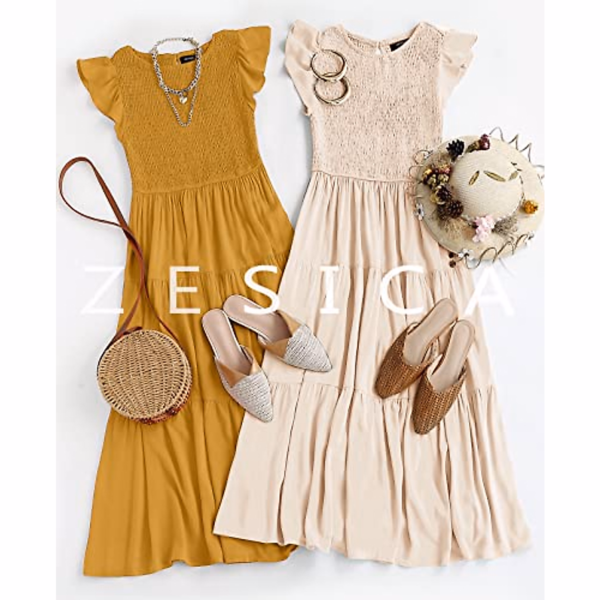 ZESICA Women's 2023 Summer Casual Flutter Short Sleeve Crew Neck Smocked Elastic Waist Tiered Midi Dress,Apricot,Large
