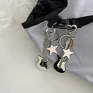 JINZHOUFZ Punk Music Bass Electric Guitar Keychain, Guitar Love Heart Star Key Teens Girls Music Lovers (black)