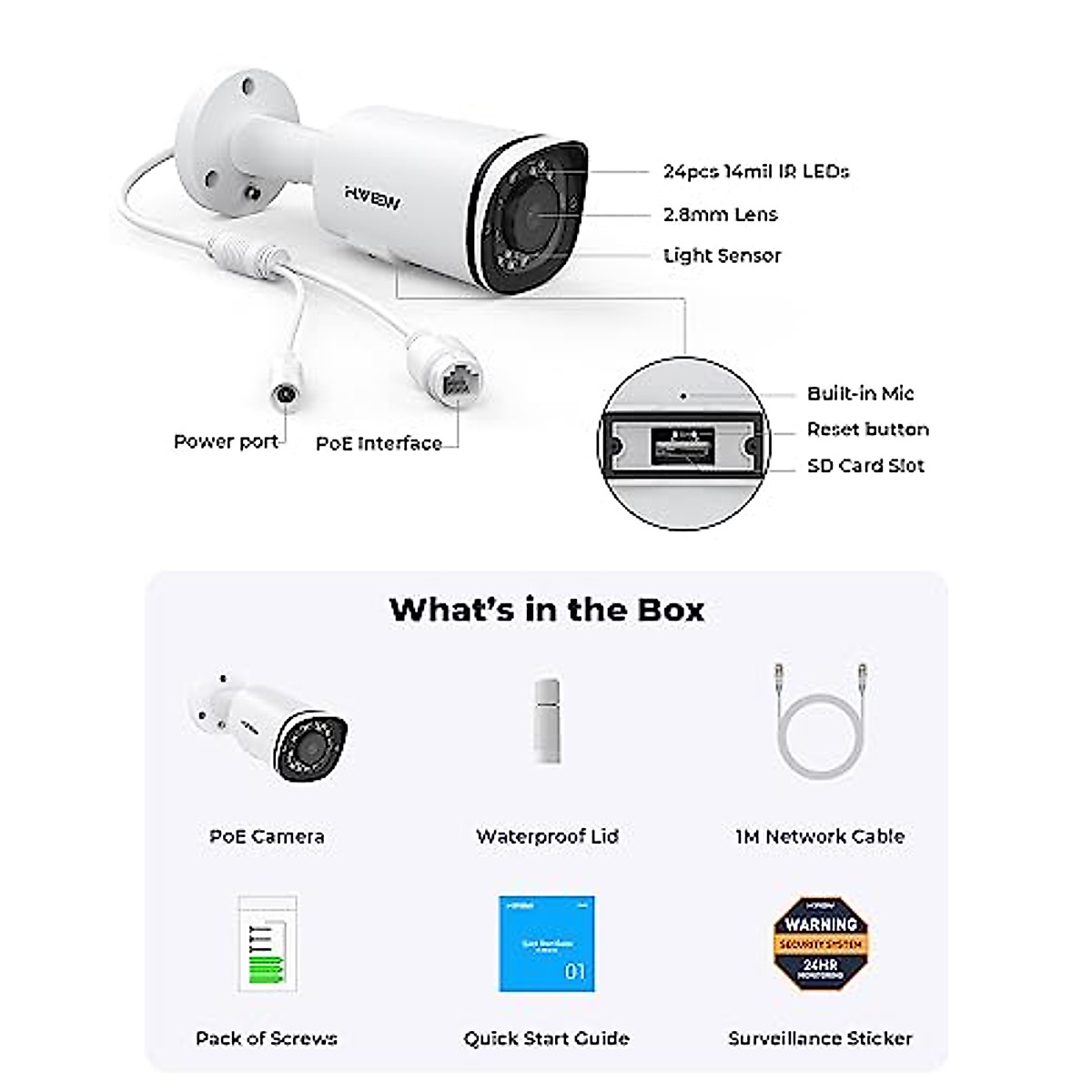 H.VIEW 5MP POE Security ip Camera cctv Surveillance network camera Outdoor indoor HD Mic video Audio sd card Weatherproof 2.8mm IR Night Vision rtsp rtmp nas (Hikvision Compatible)