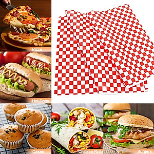 FHDUSRYO 100 Sheets Checkered Dry Waxed Deli Paper Sheets, Grease Resistant Checkered Basket Liner with 24 Popcorn Favor Boxes, Red and White Sandwich Paper Wraps for Party, Picnic (11x10.2inch)
