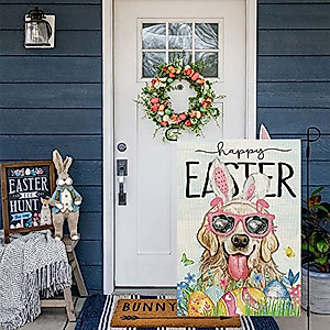 CROWNED BEAUTY Happy Easter Dog Garden Flag Golden Retriever 12x18 Inch Double Sided for Outside Burlap Small Yard Eggs Holiday Decoration CF706-12