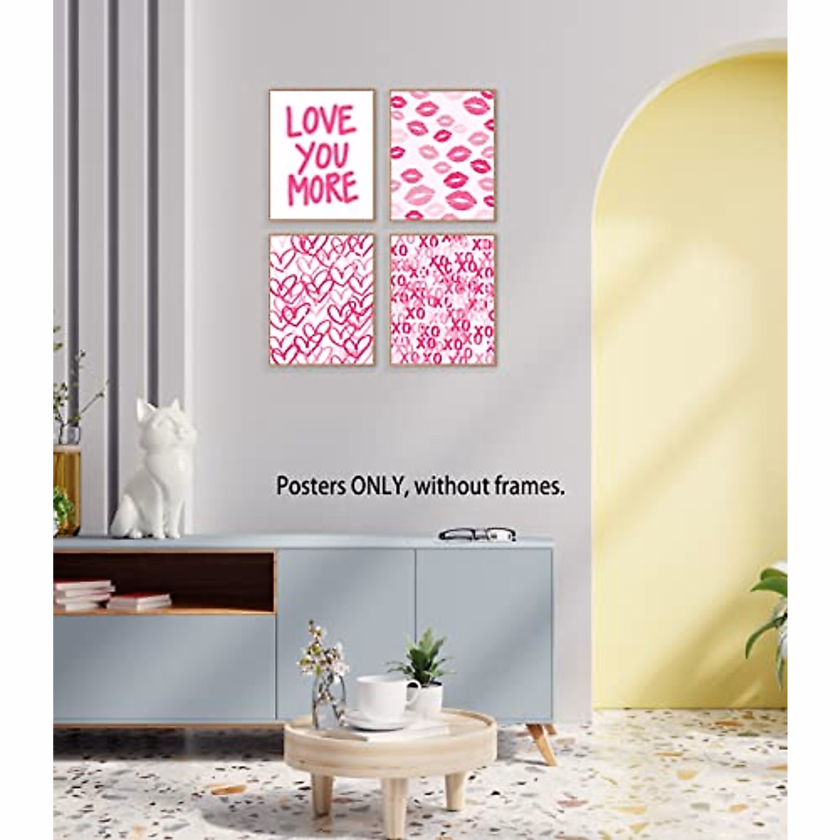 LiTiu Hot Pink Lips Hearts XOXO Love You More Preppy Wall Art Poster Prints Decor, 8”x10”Set Of 4, Preppy Love Artwork Girl Gifts for Women, Decorations For Home Bedroom