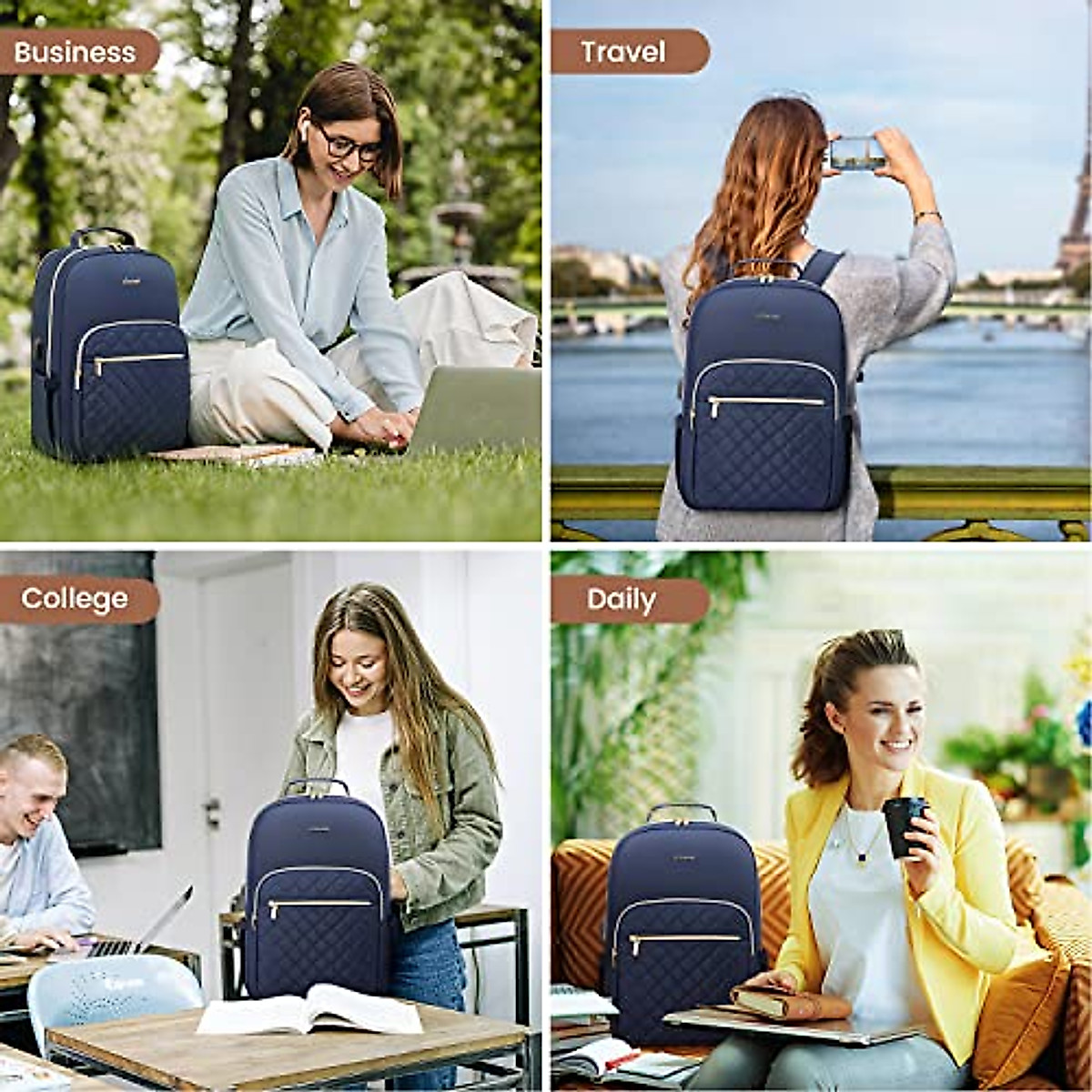 LOVEVOOK Laptop Backpack for Women, Quilted Business Travel 15.6-inch Computer Bag, Doctor Nurse Backpack Purse for Work, Navy