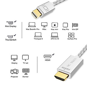 NC XQIN Thunderbolt to HDMI Cable 6 ft Mini DisplayPort to HDMI Cable for Apple MacBook Air/Pro,Surface Book,MacBook Pro, PCs and Projector,More