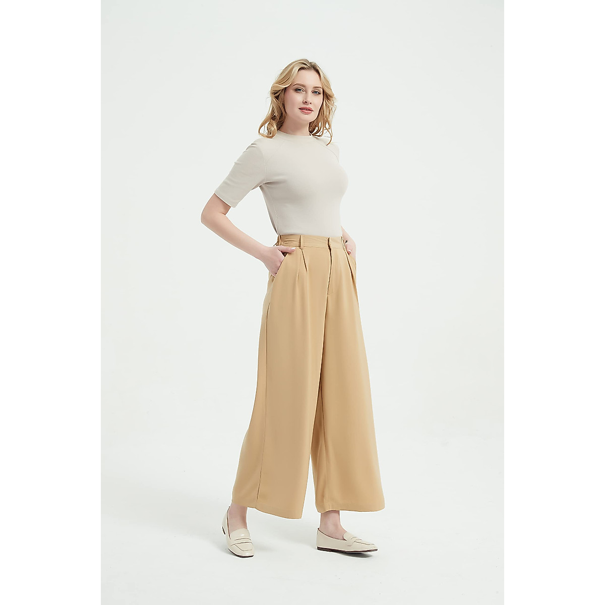 Tronjori Women High Waist Casual Wide Leg Long Palazzo Pants Trousers Regular Size(L, Sand)