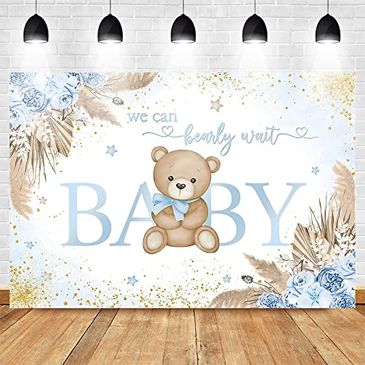 Mocsicka Boy Bear Baby Shower Backdrop Blue Boho Pampas Grass Baby Shower Background We Can Bearly Wait Baby Shower Party Cake Table Decoration Photo Booth Props (7x5ft)