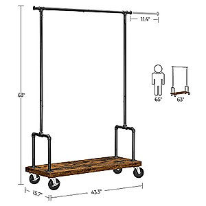 VASAGLE Rolling Clothes Rack, Garment Rack for Hanging Clothes with Wheels, Hanging Rail and Shelf, Heavy-Duty, Industrial Pipe Design, Rustic Brown and Black URGR110B01