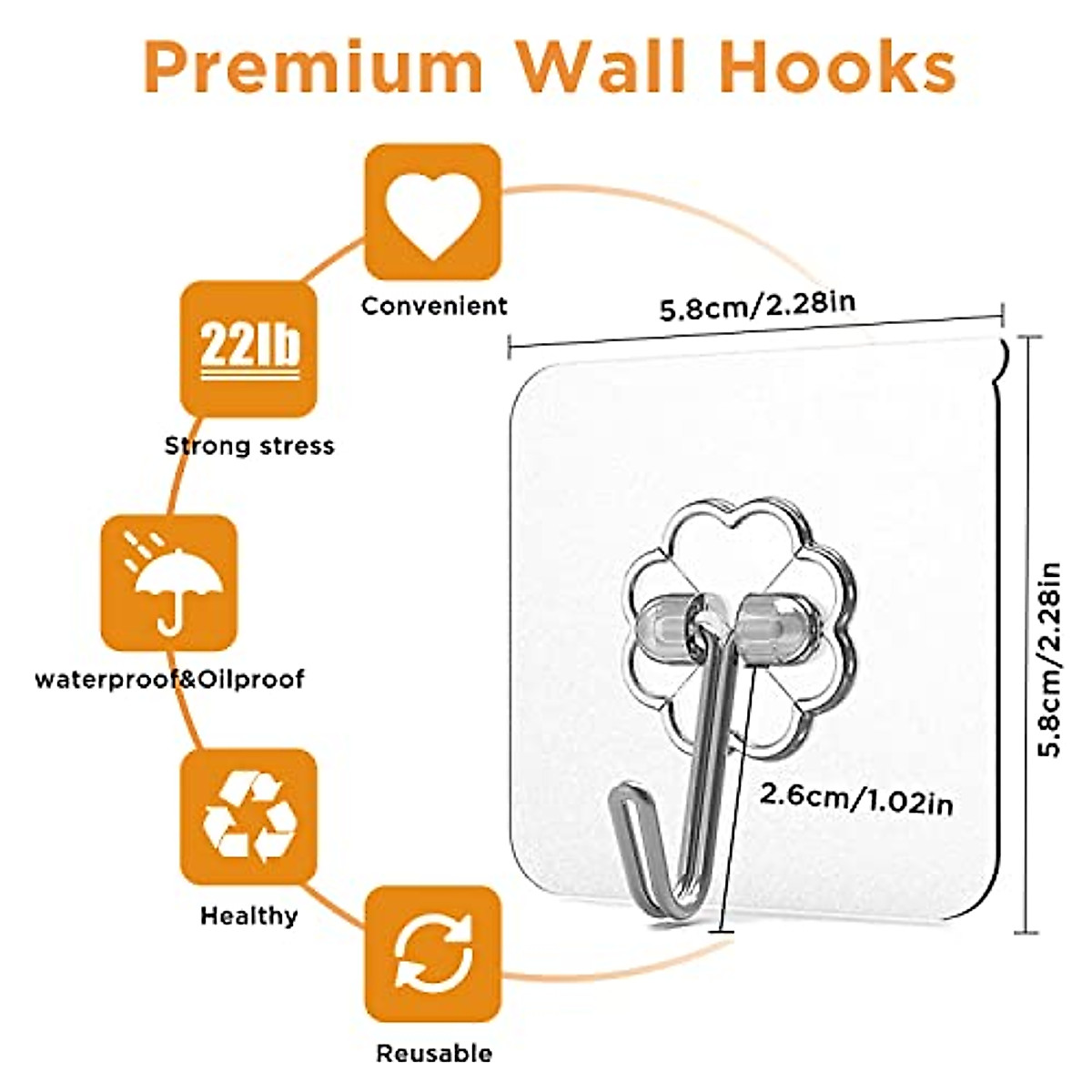 SIAWASE Adhesive Hooks, 22lb(MAX)Heavy Duty Transparent Wall Hooks,Nail Free Sticky with Stainless Hooks,Waterproof,Suitable for Kitchen,Bathroom,Home and Office-24PCS