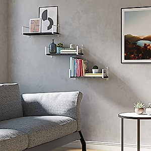 Wallniture Toledo Bookshelf Living Room Decor Kitchen Organization Floating Shelves Bedroom Decor Wall Shelves for Office Black Board, White Bracket Set of 3