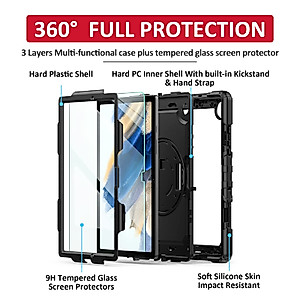 Compatible with Samsung Galaxy Tab A8 10.5 Inch Case 2022, [Kids Proof] Ambison Full Body Protective Case with 9H Tempered Glass Screen Protector, 360° Rotatable Kickstand & Hand Strap (Black)
