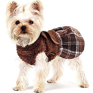 Fall Dog Clothes Dog Sweater Dress for Small Dogs Girl, Plaid Hem, Turtleneck, Fluffy Female Dog Clothes Winter Warm Pet Clothes Fuzzy Puppy Coat Apparel Outfit Yorkie Chihuahua Clothes, XS, Brown