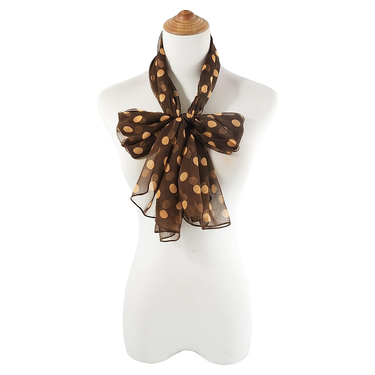 E-Clover 1950s Chiffon Scarf Long Polka Dot Scarfs Vintage 50s Sheer Neck Head Scarves Shawl for Women 80s Costumes Outfit Brown