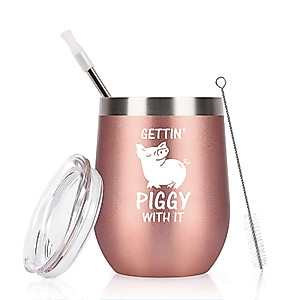 GINGPROUS Pig Swine Lover Gifts on Christmas Birthday, Gettin' Piggy With It Cute Funny Wine Tumbler with Pig, 12 Oz Stainless Steel Insulated Wine Tumbler with Lid and Straw, Rose Gold