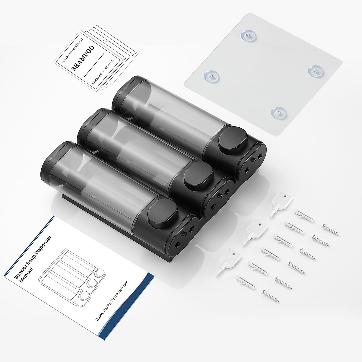 Shampoo and Conditioner Dispenser,Shower Soap Dispenser 3 Chamber No Drill Wall-Mounted Shampoo Dispenser for Shower Wall Mounted Shower Dispenser for Bathroom Hotel Large Capacity,Black