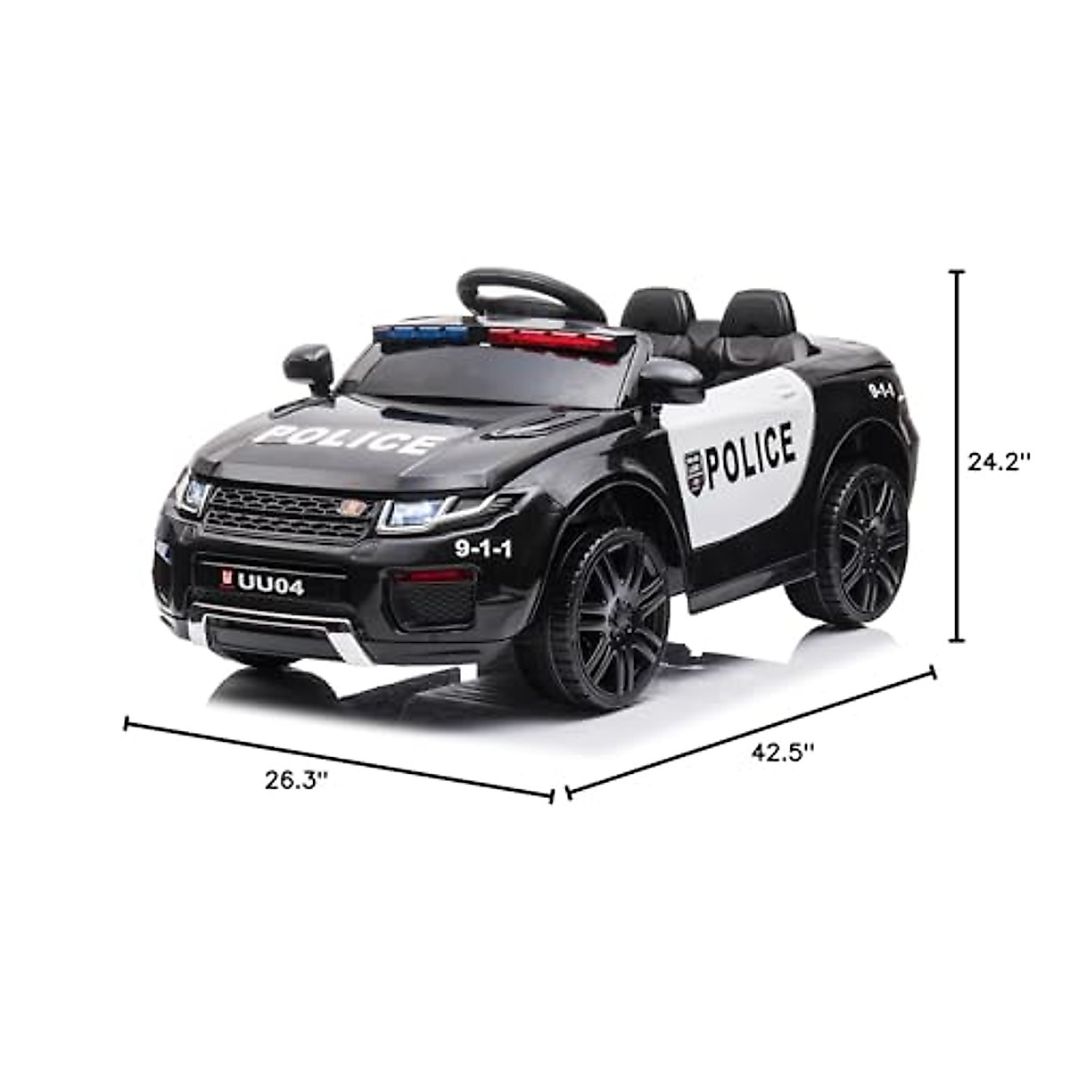 u URideon 12V Ride on Police Car for Kids, Battery Powered Electric Vehicle SUV with Remote Control, Siren, Flashing Light, Music (Black)