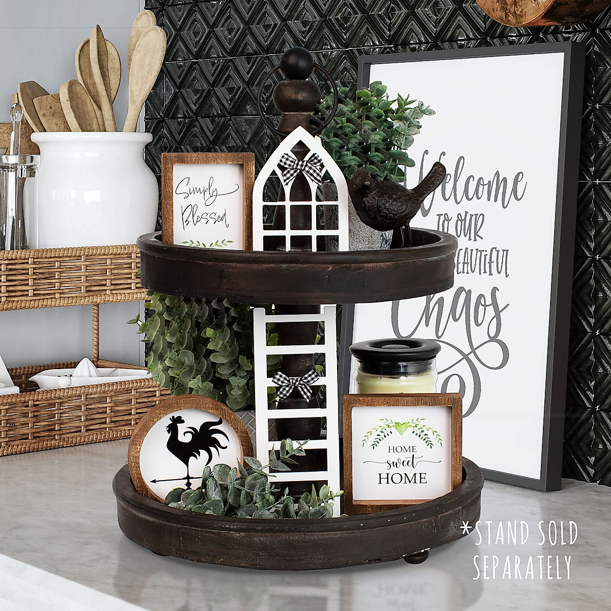 The Ultimate Farmhouse Tiered Tray Decor Set - Beautiful Year Round Seasonal & Holiday Decoration Bundle - The Perfect Easter, Spring and St Patricks Day Centerpiece Designs for Home & Kitchen Decor