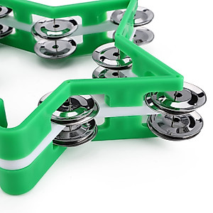 Facnogu 1 Pair Pentagram Handheld Tambourine Handbell Timbrel, Double Row Musical Percussion Instrument with 28 Nickel Steel Jingles - Green