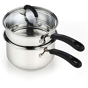 Cook N Home 02655 Professional Double Boiler Saucepan 2-Quart, 18-10 Stainless Steel Steam Melting Pot for Butter Chocolate Cheese, Tempered Glass Lid, Silver