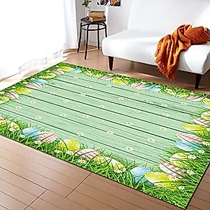 Spring Easter Area Rugs for Living Room/Bedrooom, 2'7"x5' Area Rug Non-Slip, Green Wood Colorful Eggs Bright Flowers Kids Room Area Rug Washable Accent Floor Carpet Runner Indoor Outdoor