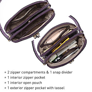 Dasein Women Tassel Zipper Pocket Crossbody Bag Shoulder Purse Fashion Travel Bag with Multi Pockets(Ostrich Purple)