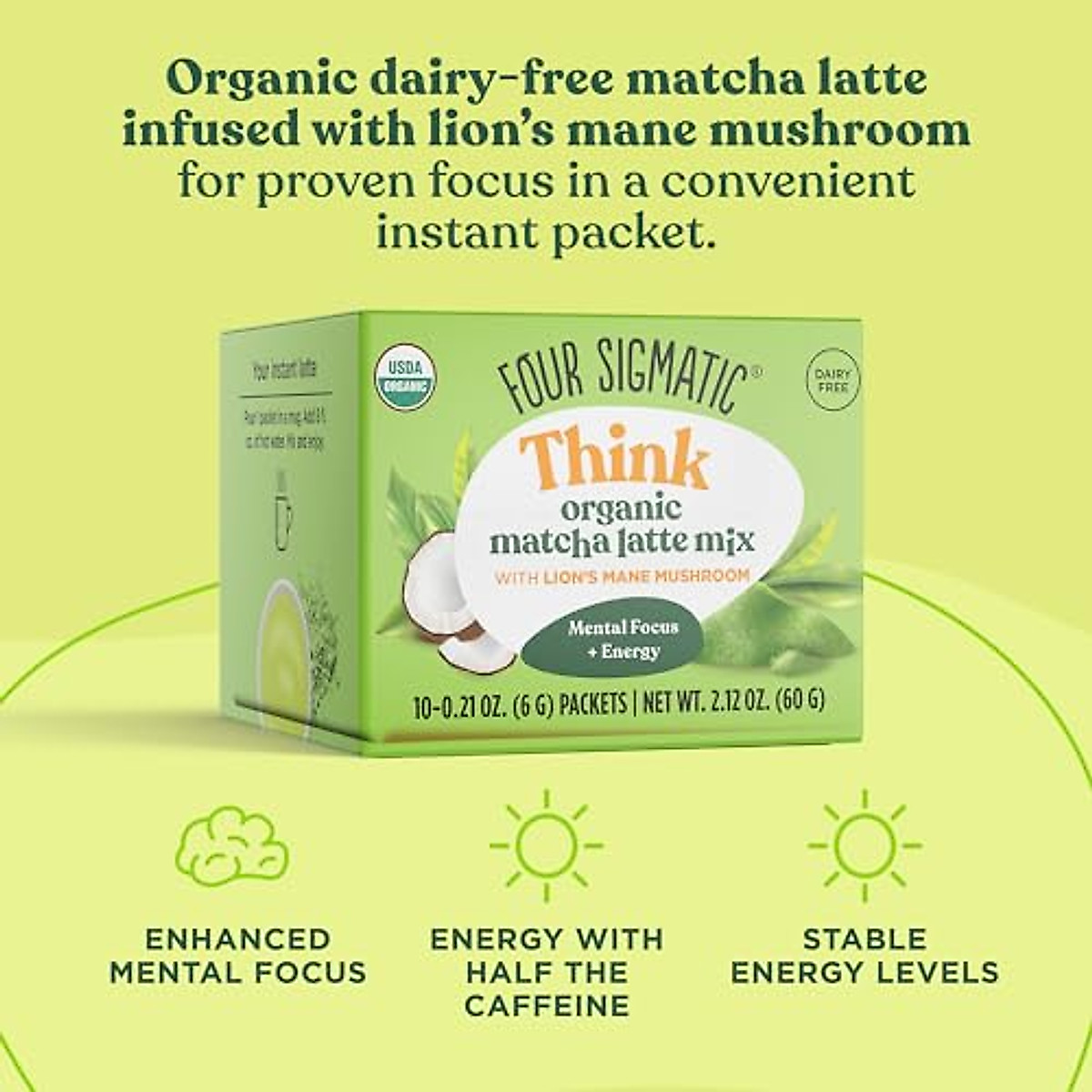 Matcha Latte Mix by Four Sigmatic | Lion’s Mane Mushroom, Organic Matcha, Maitake & Moringa | Focus, Creativity & Productivity Support | 20mg Caffeine | Vegan, Gluten-Free | 0.21 Ounce | Pack of 10