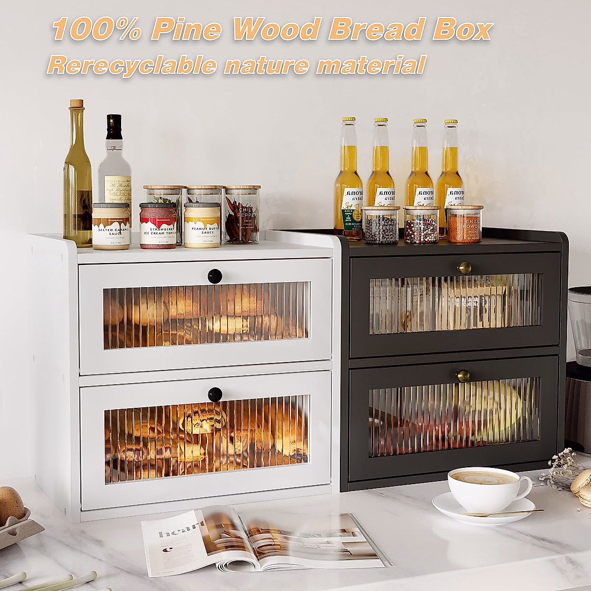 Alpeir Double Layer Large Bread Box for Kitchen Counter, Wooden Corner Bread Storage Container with Acrylic Window, Black