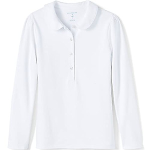 Lands' End Uniform Girls Long Sleeve Plain Knit Peter Pan Polo White Kids Medium