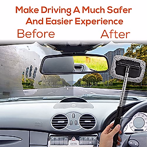 Trobo Windshield Cleaning Tool, Extendable Handle Interior Exterior Glass Pivoting Car Window Cleaner Wand Wiper Kit with 3 Washable Reusable Microfiber Cloths & Bonus Spray Bottle, Durable Material