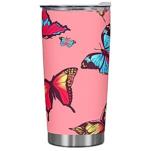 QWEUIOP 20oz Insulated Travel Coffee Mug Retro Butterfly Stainless Steel Tumbler with Lid Double Wall Vacuum Coffee Cup For Hot and Cold Drinks14055