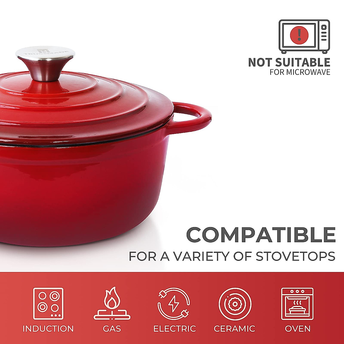 Trustmade 3 QT Cast Iron Dutch Oven, Enamel Coated Cookware Pot with Self Basting Lid for Home Baking, Braiser, Cooking, Red