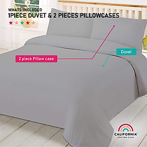 California Cotton Club 600 Thread Soft 1 Piece Duvet and 2 Piece Pillowcases Set - Breathable Pure Cotton Silky Satin Comforter Duvet Set with Button Closure for Luxury Bedding (Light Grey, Queen)