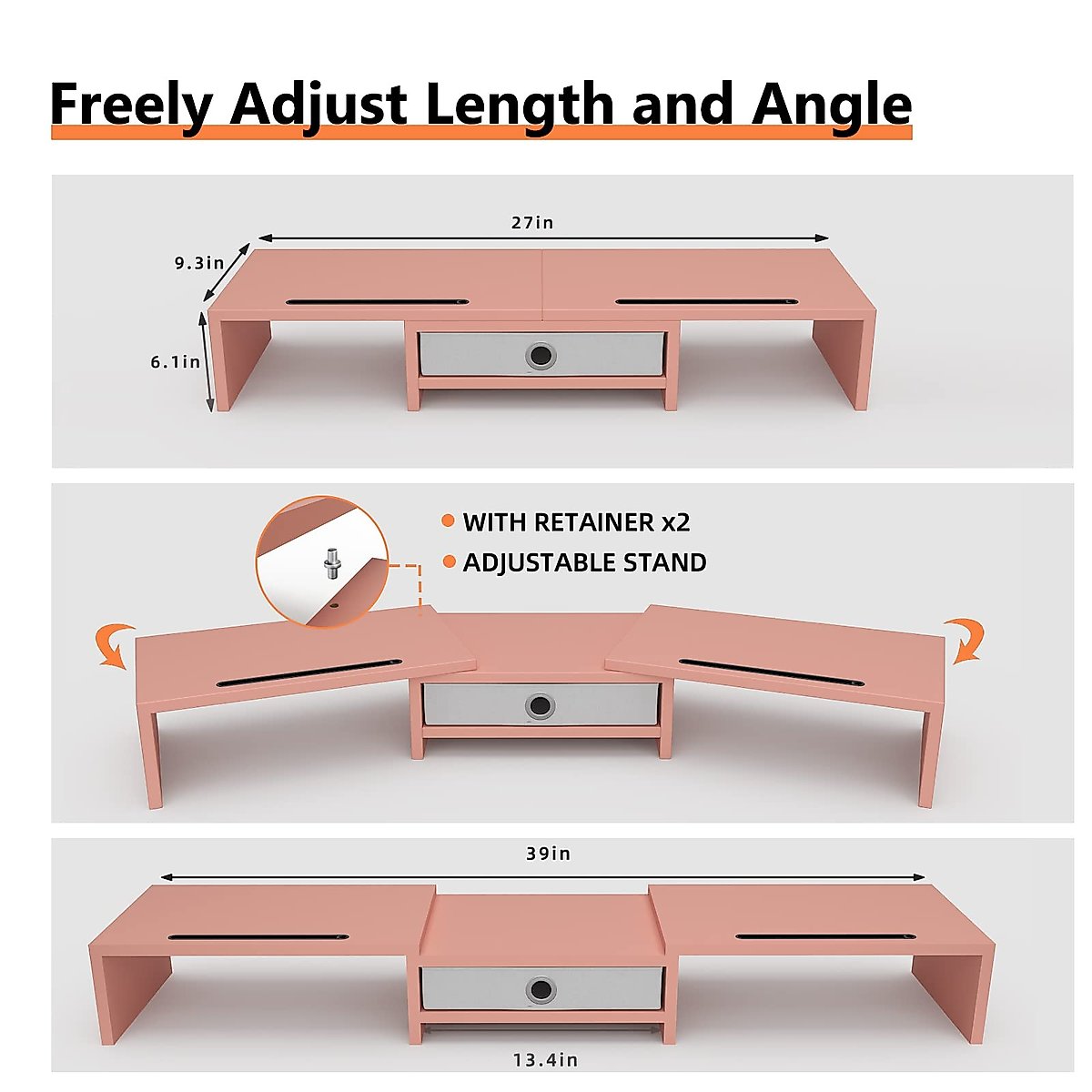 WESTREE Dual 3 Shelf Computer Riser with Drawer, Adjustable Length and Angle, Desktop 2 Monitor Stand Storage Organizer
