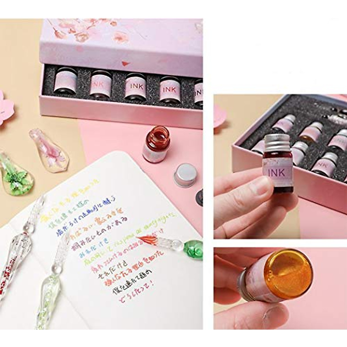 XIAOYU Glass Dip Pen Ink Set, 16 Pieces Calligraphy Pens Set - 12 Colorful Inks, Pen Holder, Cleaning Cup, 2 Crystal Glass Pens for Writing, Signature - Yellow