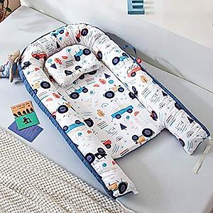 Vohunt Baby Lounger for Newborn,100% Cotton Co-Sleeper for Baby in Bed with Handles,Soft Newborn Lounger Adjustable Size & Strong Zipper Lengthen Space to 3 Tears OldBlue-Edged Tractor)