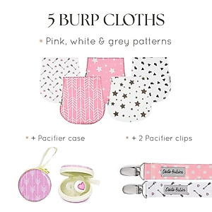 Dodo Babies 5-Pack Baby Burp Cloths – Soft, Absorbent Organic Muslin Burp Cloths – Includes Pacifier Case and 2 Pacifier Clips – Colors: Pink, White and Grey