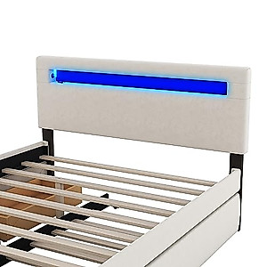 Merax Queen-Size Upholstered Storage Platform Bed with Twin Size Trundle, 2 Drawers, LED and USB Charging, Beige Wood Bed Frame