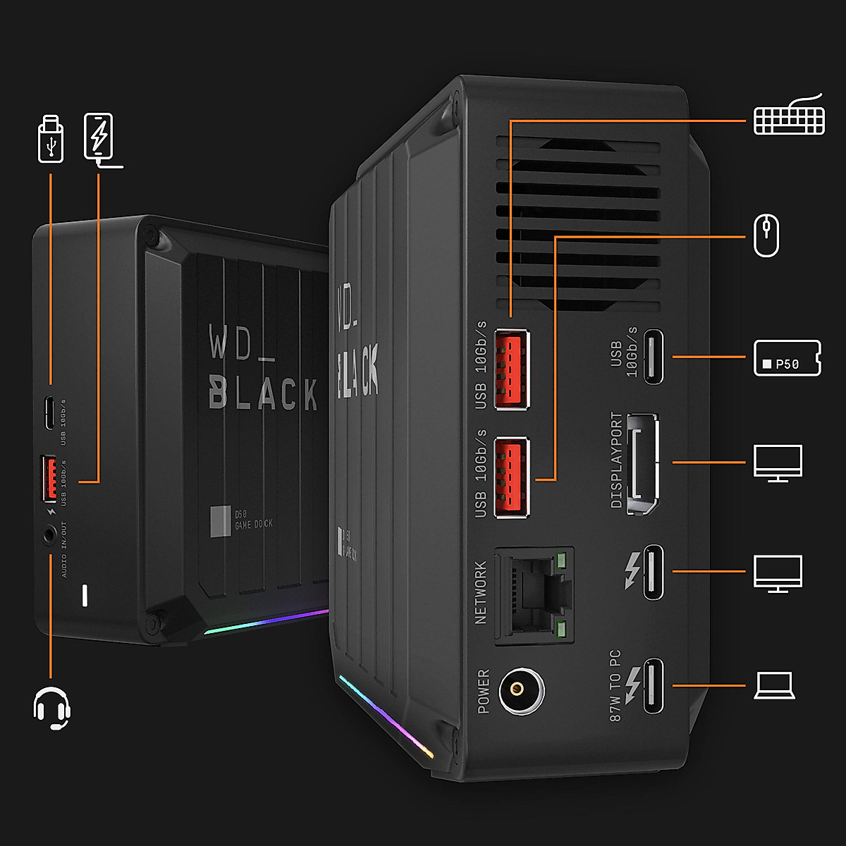 WD_Black D50 Game Dock. 2X Thunderbolt 3 Ports, DisplayPort 1.4, 2X USB-C & 3X USB-A, Audio in/Out, Gigabit Ethernet; Customizable RGB Lighting
