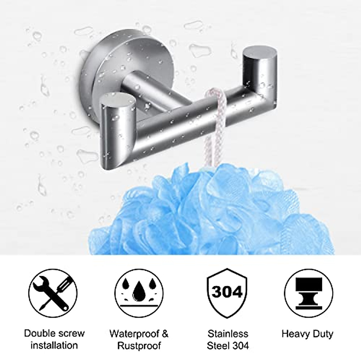 CTOHN Double Towel Hooks for Bathroom Wall Mounted, Brushed Nickel Coat Robe Clothes Towel Holder, Waterproof SUS304 Stainless Steel Double Towel Hook for Bathroom Kitchen - Silver