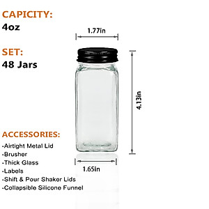 48 Pcs Glass Spice Jars with Labels and Black Lids 4oz Spice Container Set Seasoning Bottles with Blank and Printed Labels, Shaker Lids, Collapsible Funnel and Brush Included